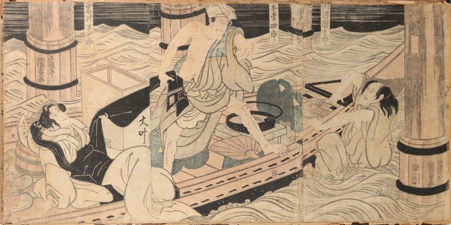 Utagawa Kunisada | Triptych of depicting three kabuki actors in a boat ...