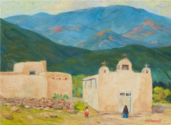 Nan Sheets | Church with mountains | MutualArt