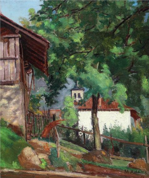 M. Adams | Courtyard exterior with a view to a church (Early 20th ...