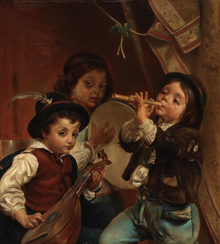 Pietro Krohn | Three Italian children playing music (1875) | MutualArt