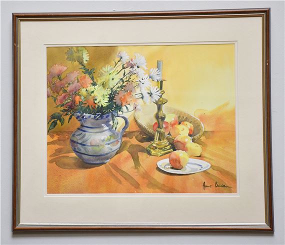 June Bevan | Chrysanthemums, Fruit and Candlestick | MutualArt
