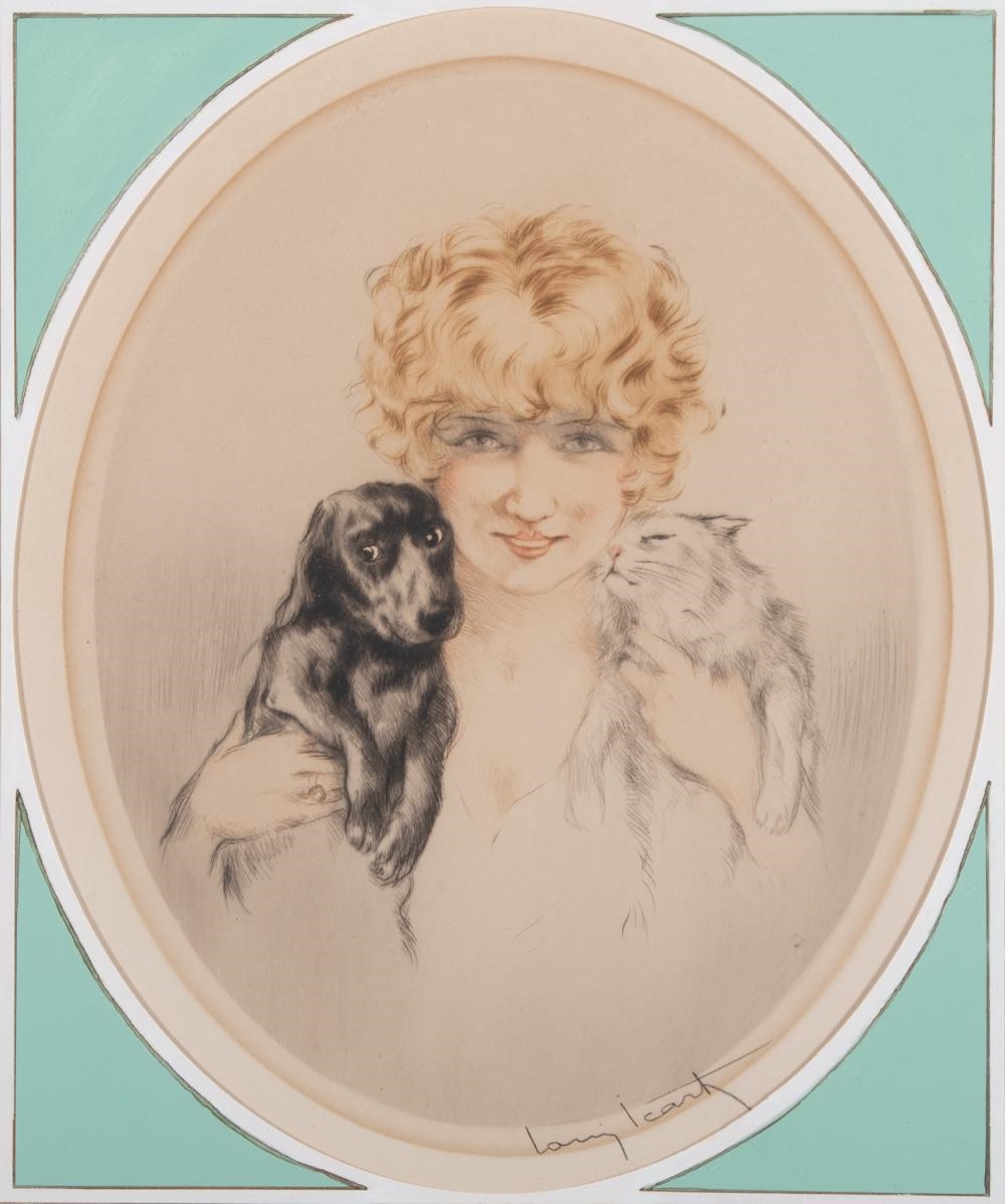 Louis Icart | Young Woman with Dog and Cat | MutualArt