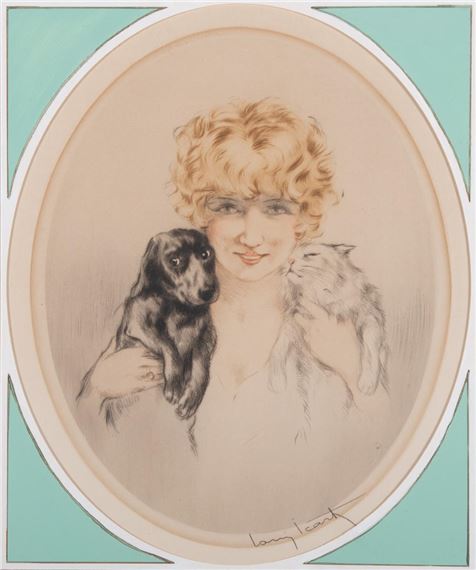 Louis Icart | Young Woman with Dog and Cat | MutualArt