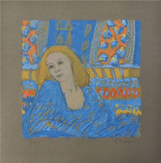 Robert Stenne | Femme rousse en robe bleue (1980) | MutualArt