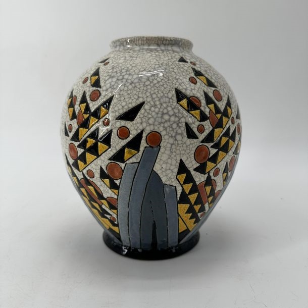 Charles Catteau | Boch Keramis art deco vase with geometric enamel decoration (1210) | MutualArt