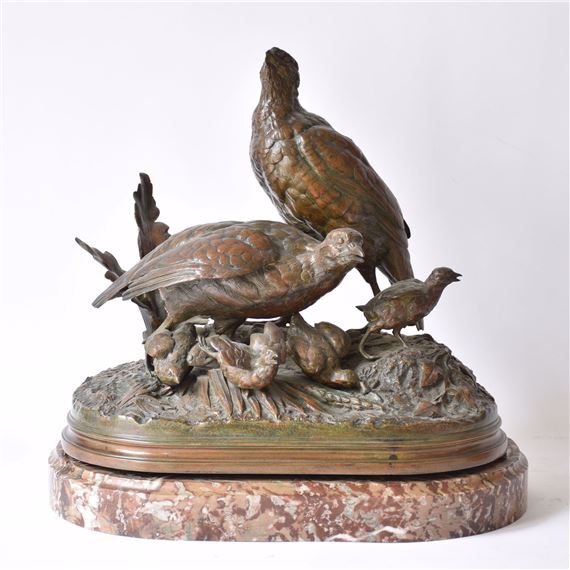 Alfred Dubucand | Wood snipe with young: bronze sculpture with brown ...