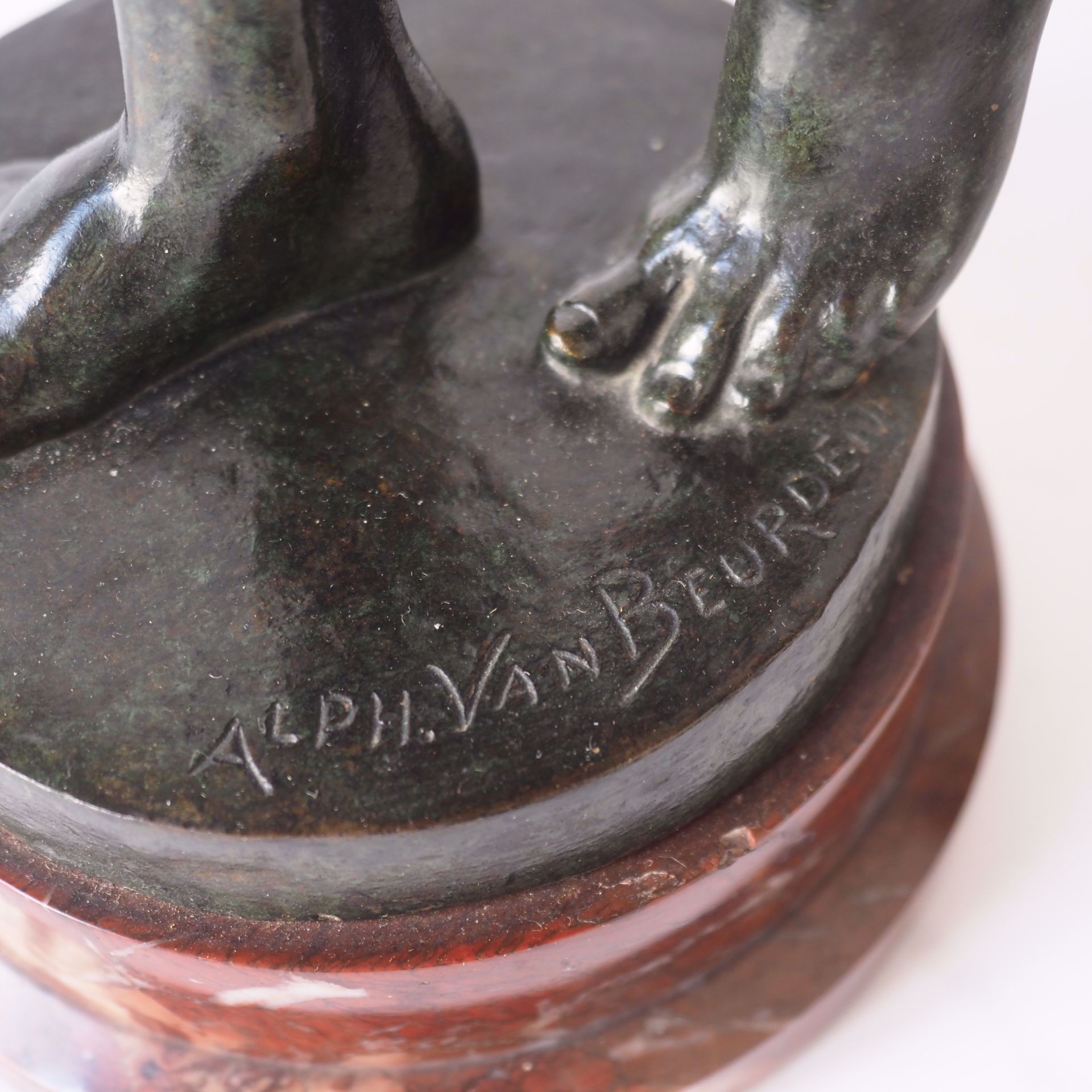 Alphonse Van Beurden | Fishing boy: bronze sculpture with green patina ...