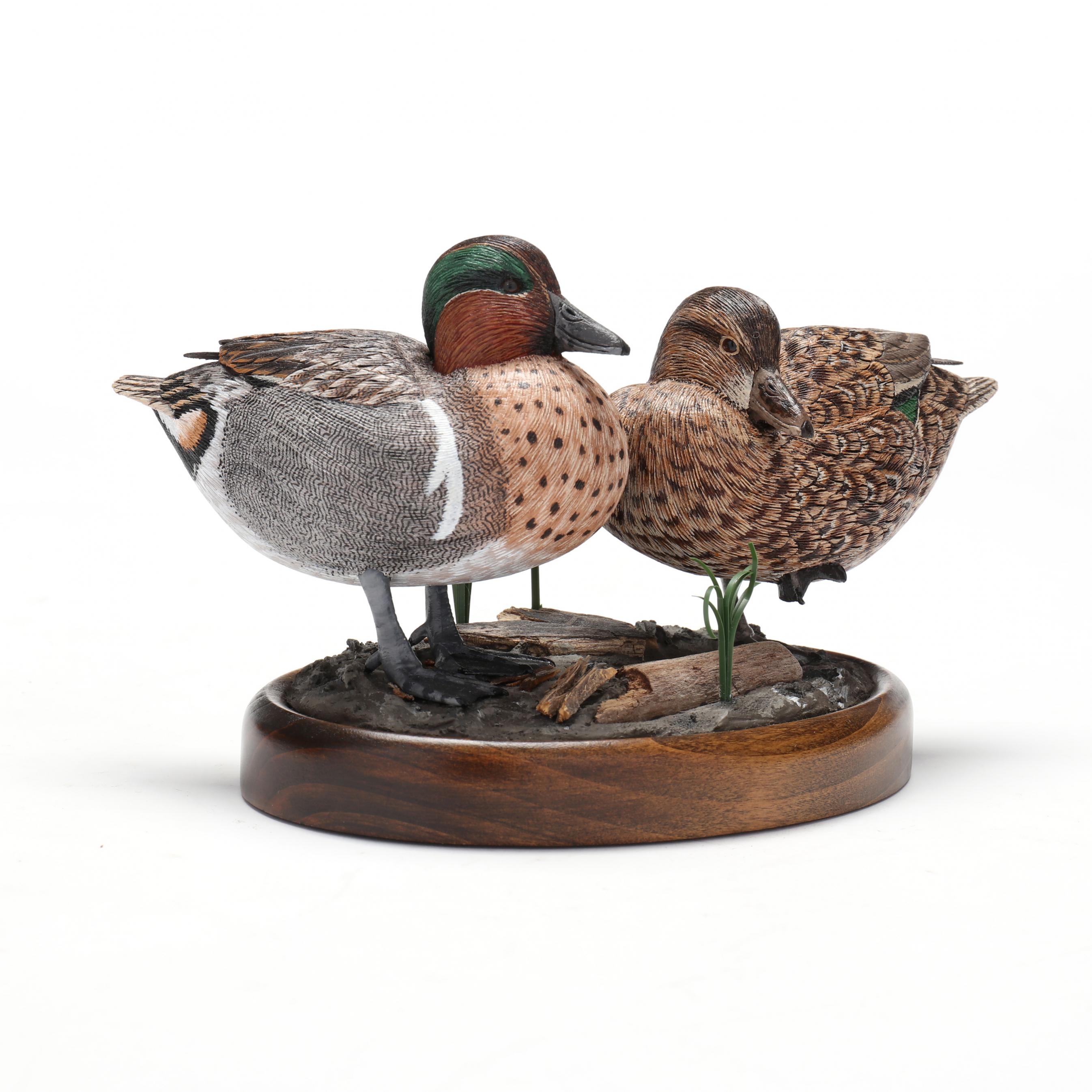 Mike And Nancy Scherer | Miniature Green-Wing Teal Pair on Wooden Base ...