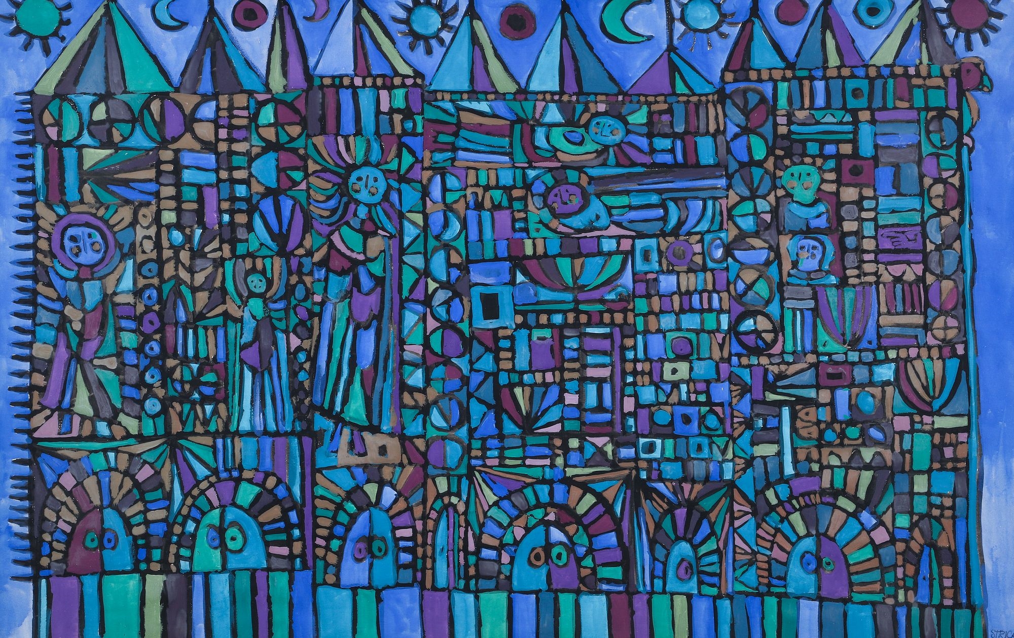 Ruth Cochran Strick | Ruth Strick casein on paper Castle with Figures ...