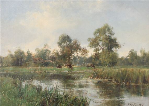 Robert William Arthur Rouse | Cattle watering by a calm stretch of ...