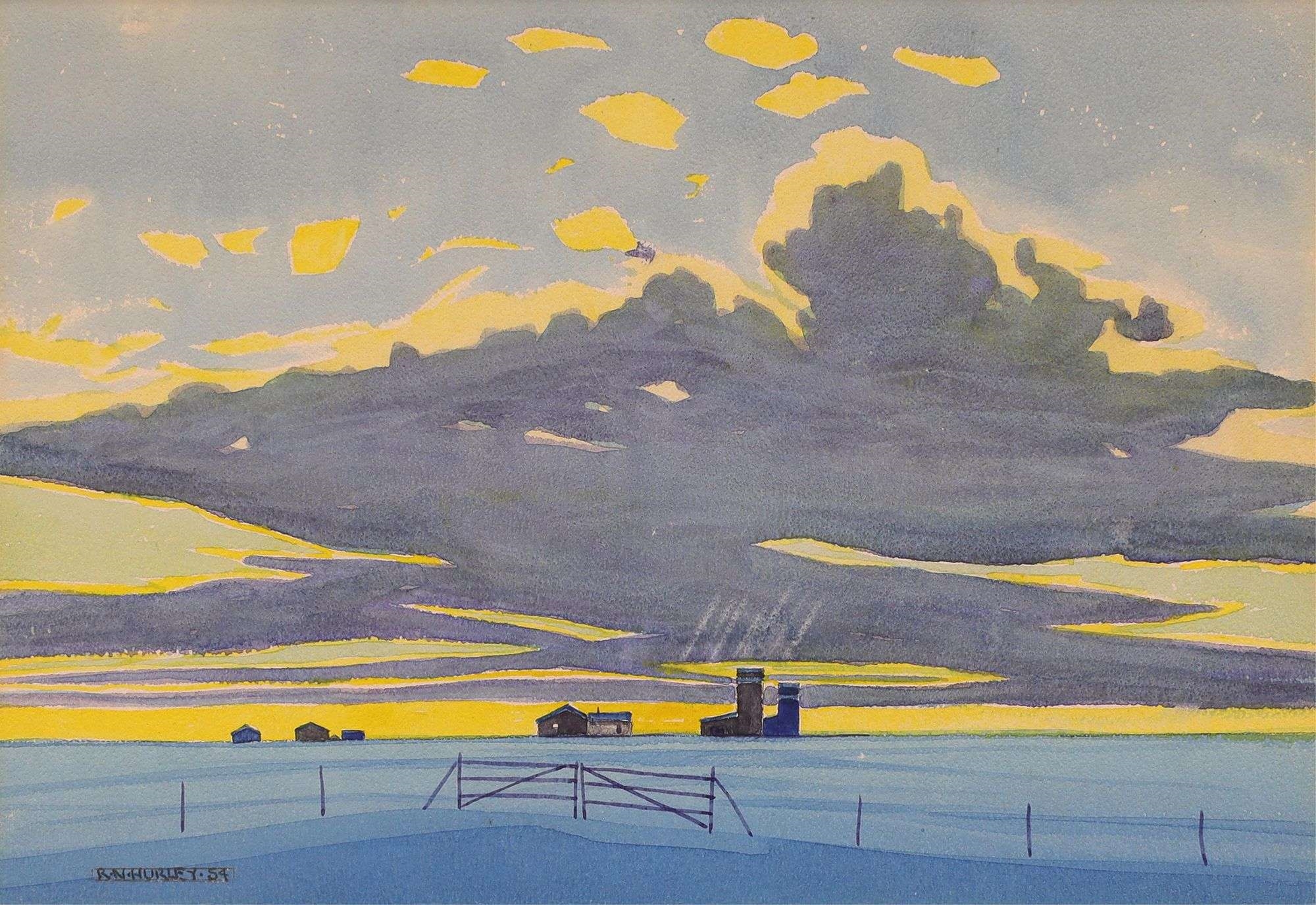 Robert Newton Hurley | PRAIRIE SCENE WITH GRAIN ELEVATORS AND DRAMATIC ...