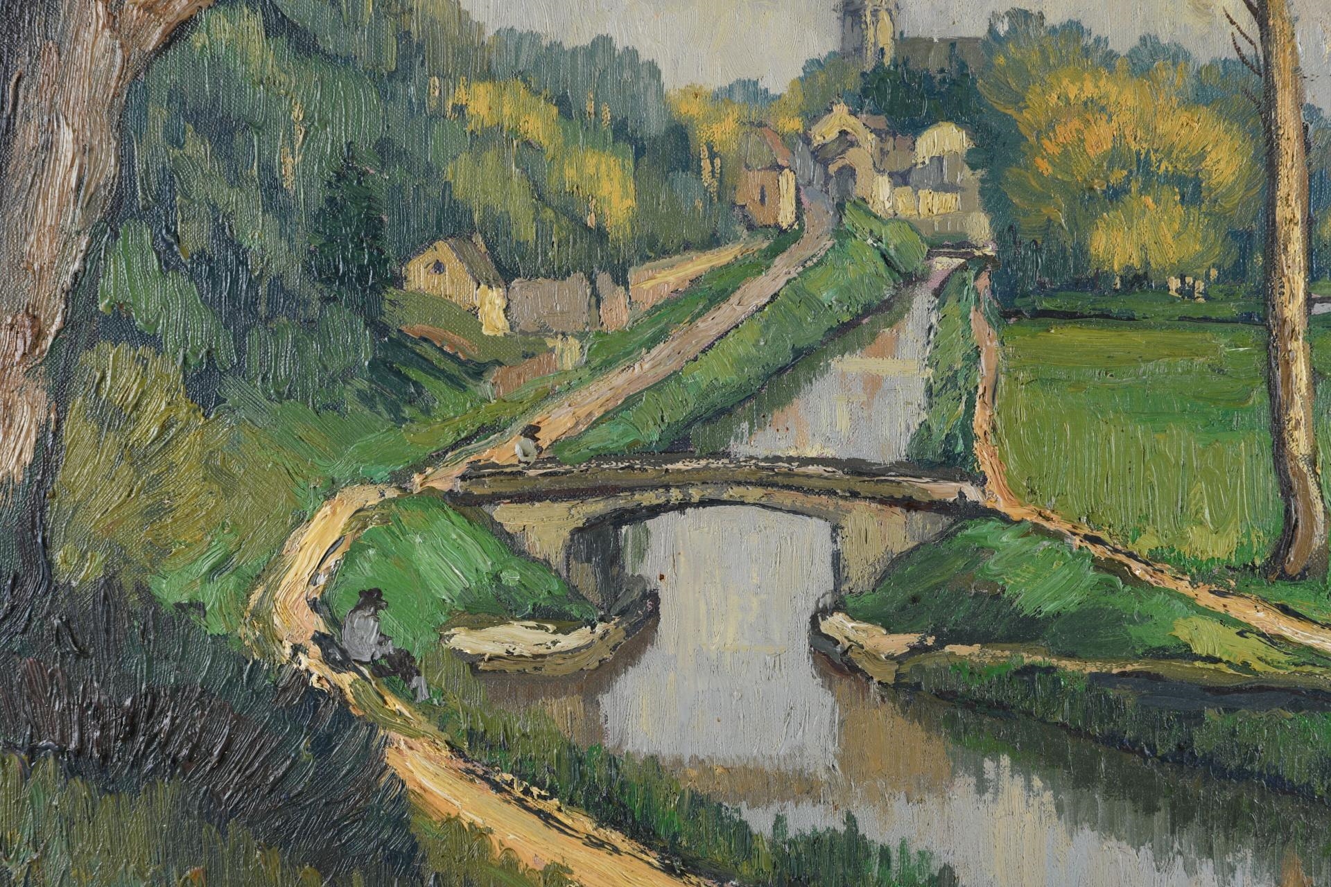 Rex Barrat | Rex (1914-1974). Paysage animé au canal et village . Huile ...
