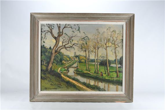 Rex Barrat | Rex (1914-1974). Paysage animé au canal et village . Huile ...