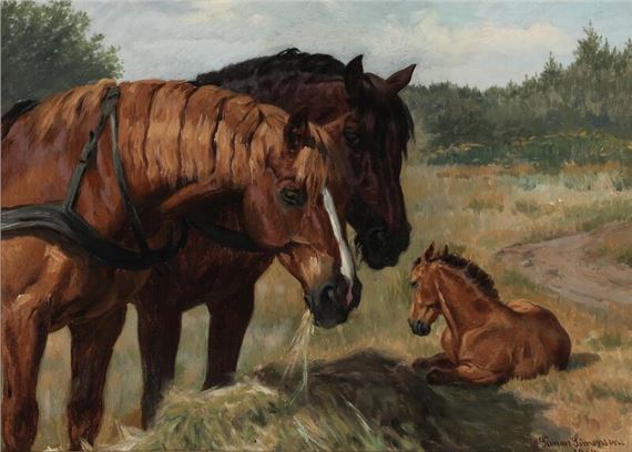 Simon Simonsen | Field landscape with two horses and a foal (1904 ...