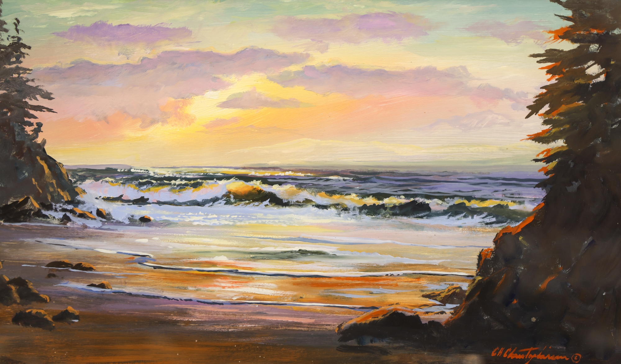 Carl Christophersen | ''Sunset Beach Scene'' Oil on Board Framed 19 ...