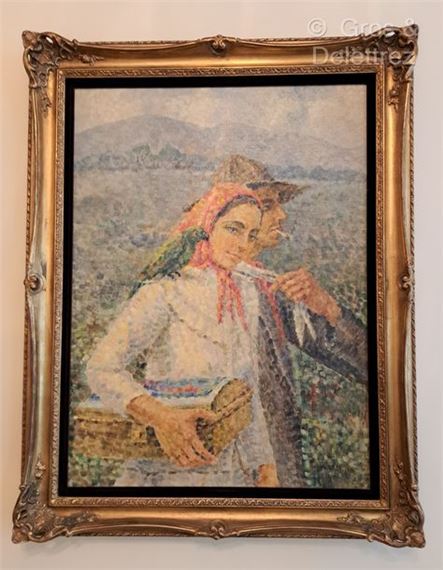 Maria Coelho Lepage | Couple in profile in a landscape signed lower ...