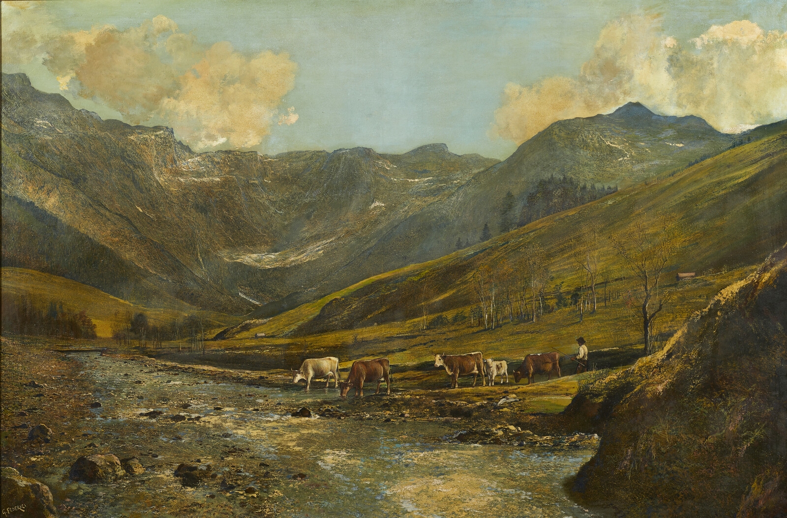 Gino Federici | Mountain landscape with shepherd and grazing animals ...
