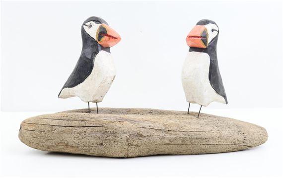 Donna Strawser | carved and painted wood puffins (2) mounted on ...