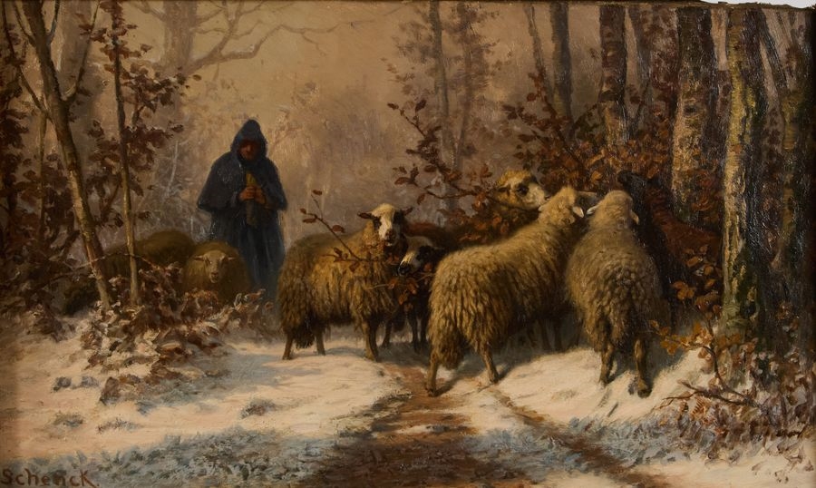 August Friedrich Albrecht Schenck | Sheeps in a winter storm | MutualArt