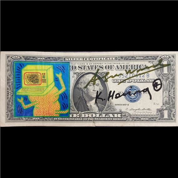 Keith Haring | Andy Warhol x Keith Haring Hand Signed Dollar Bill With Haring Silkscreen | MutualArt