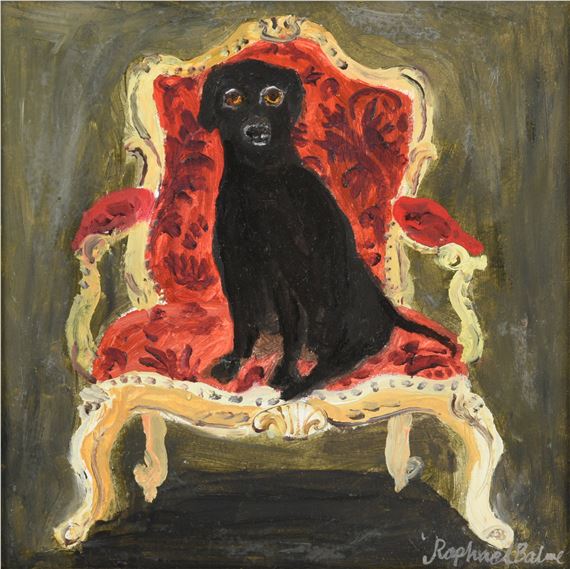 Sarah Raphael Balme | The artist's dog seated in a red gilt chair ...