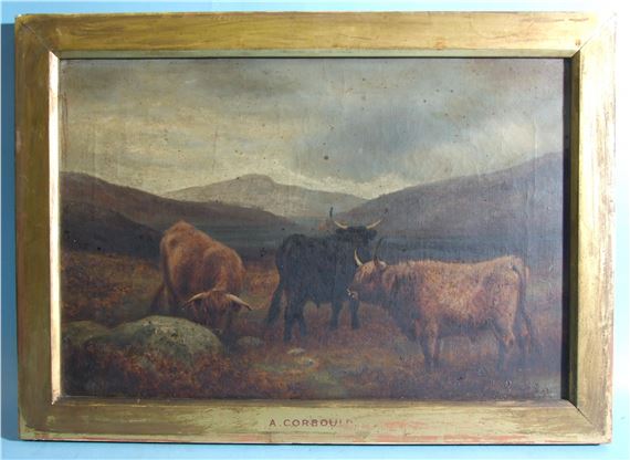 Aster R. C. Corbould | THREE LONG-HORN CATTLE IN A HIGHLAND LANDSCAPE ...