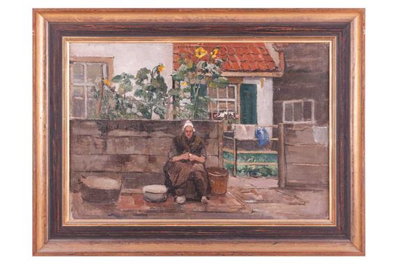 German Grobe | Woman peeling potatoes outside her home | MutualArt