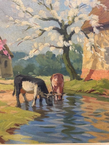 Paul André Jean Eschbach | Cows at the pond signed lower right 40 x 80 ...