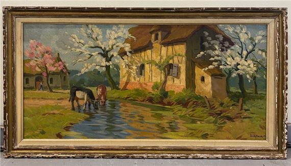 Paul André Jean Eschbach | Cows at the pond signed lower right 40 x 80 ...