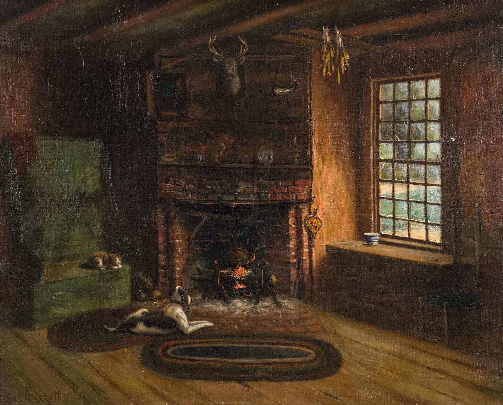 Sidney Lawrence Brackett | Animals in front of fire | MutualArt