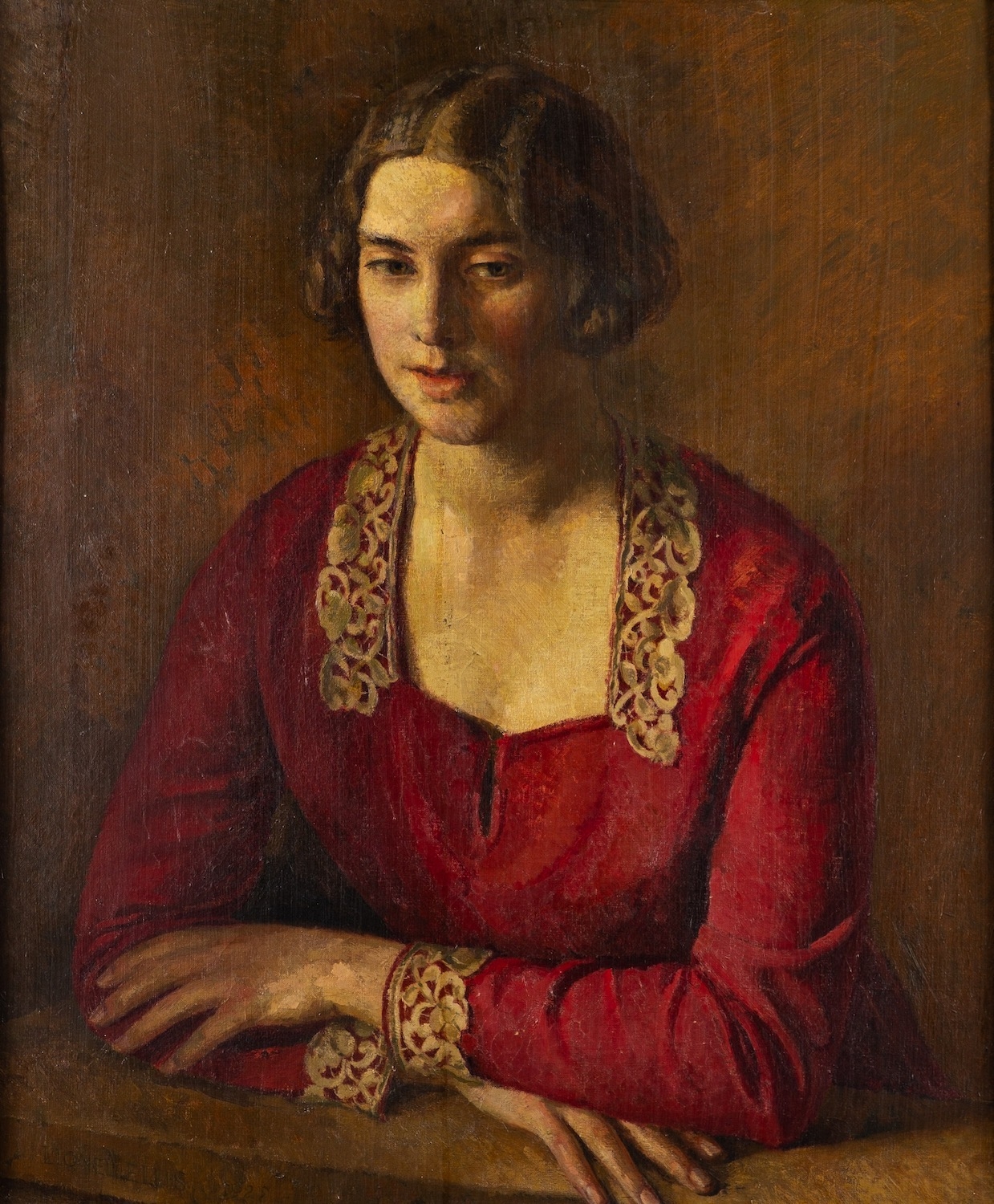 Lionel Ellis | Portrait of a seated woman in a red dress - Oil on ...