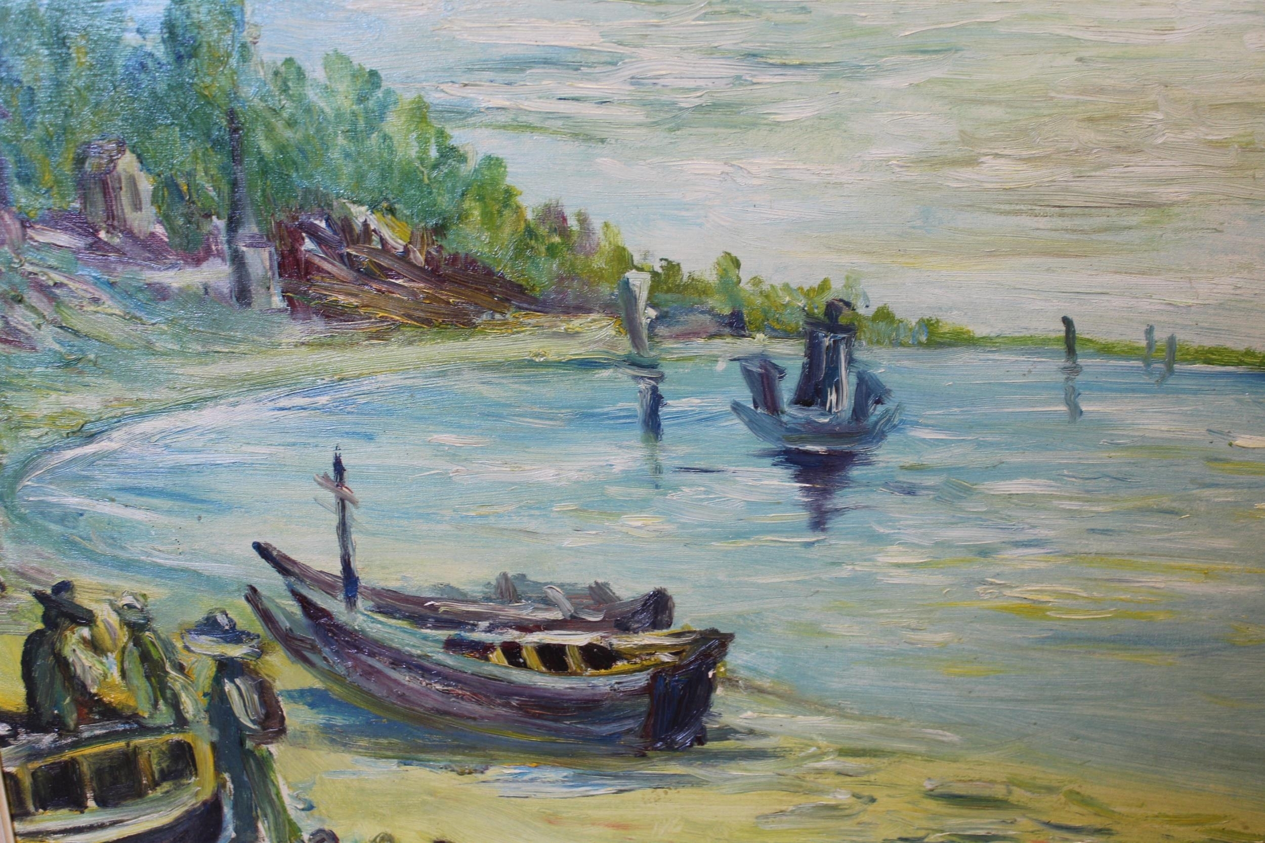 Gerard Sekoto | scene on an African shoreline with figures and boats ...