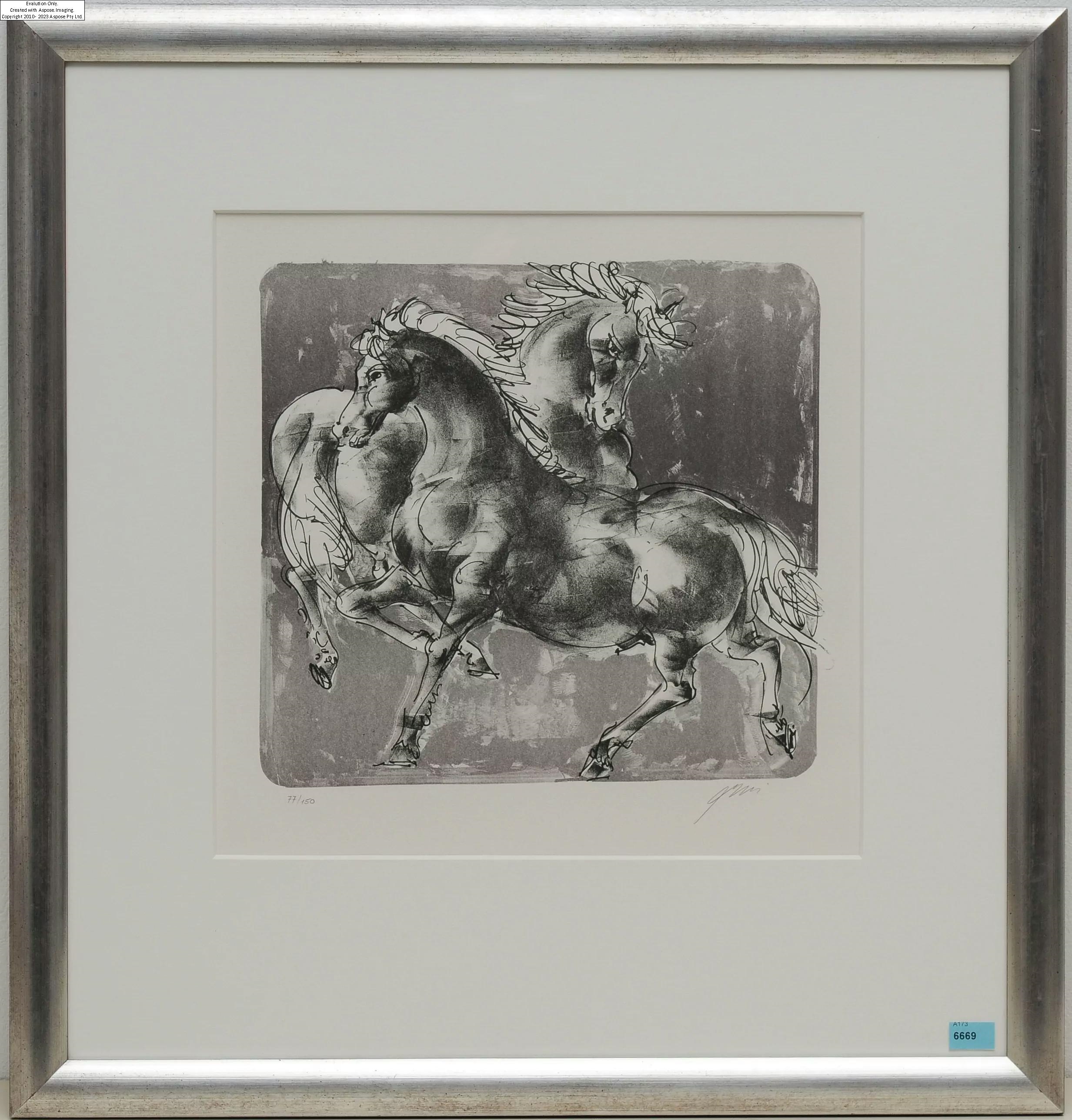 Hans Erni | Zwei Pferde auf violettem Grund (1992) | MutualArt