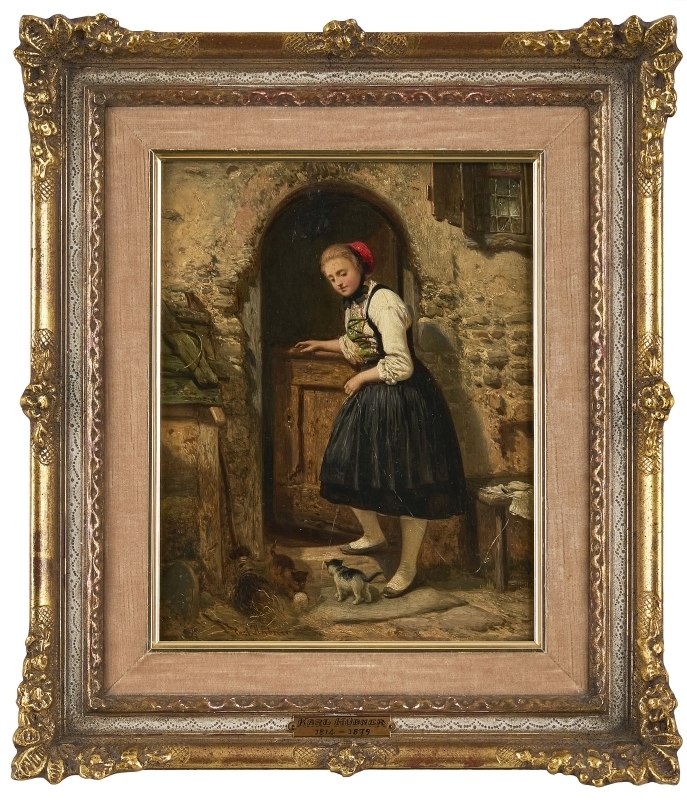 Carl Wilhelm Hübner | Mädchen in Tracht mit Katzen (1879) | MutualArt