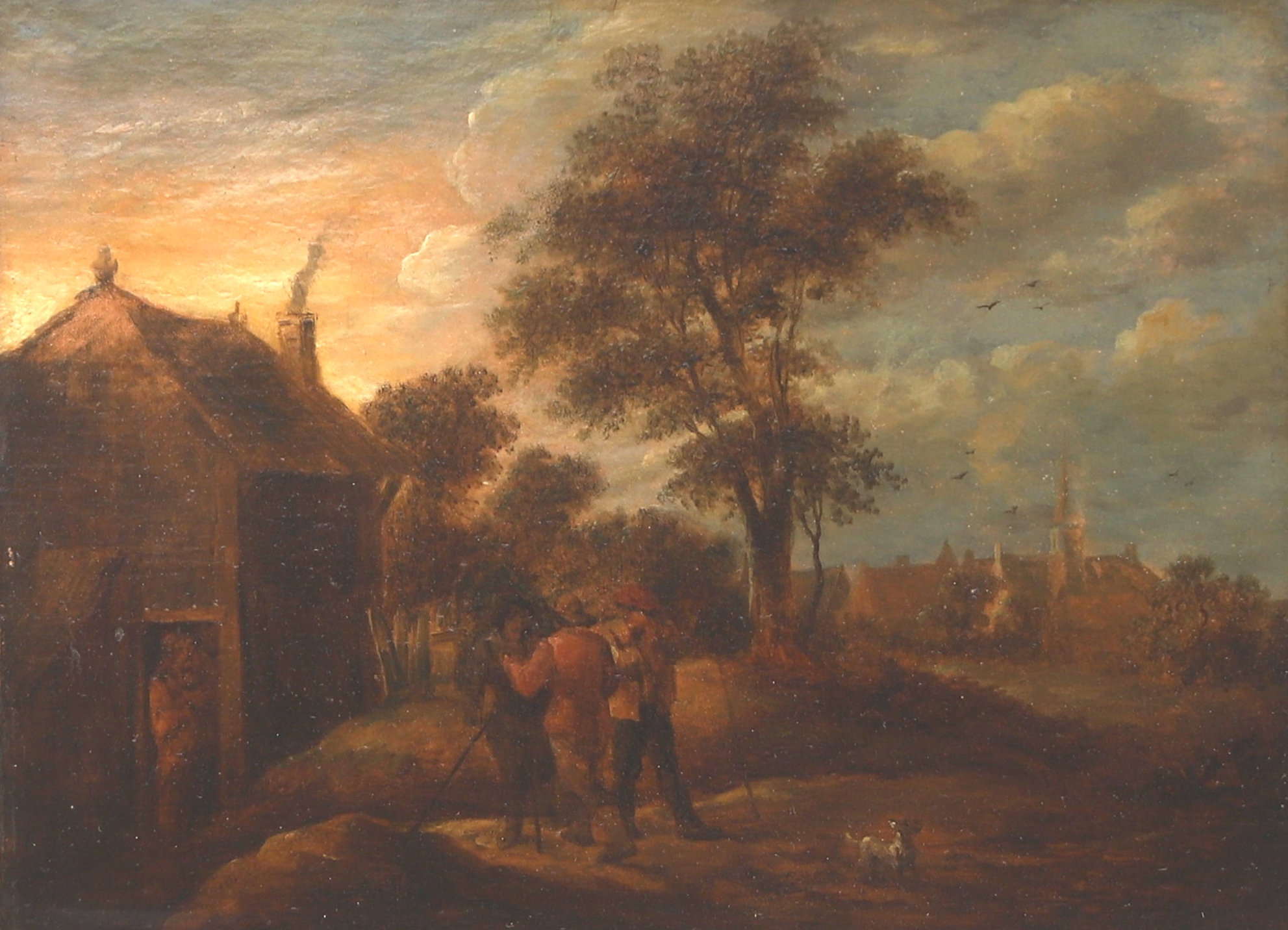 Cornelis de Bie | Dorpsgezicht met reizigers verpozend bij een herberg | MutualArt