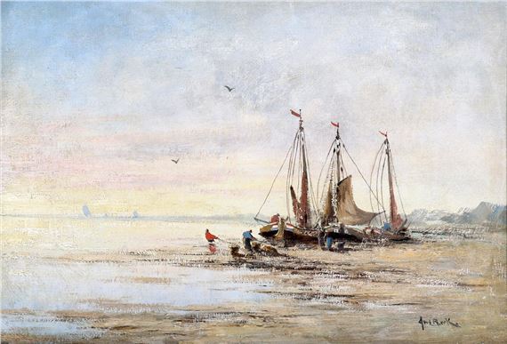 Anthony Beek | Afgemeerde bomschuiten met vissers | MutualArt