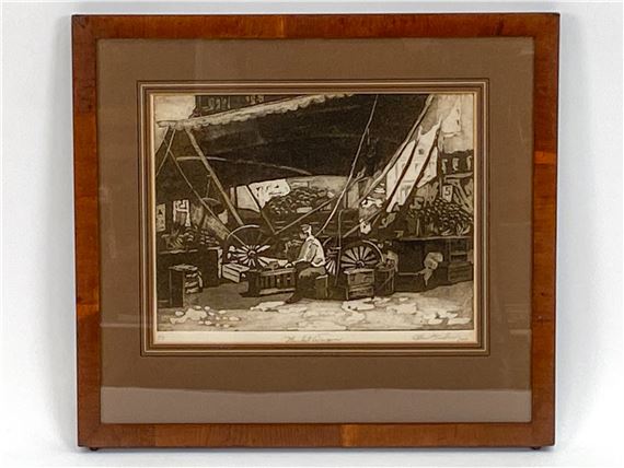 Allan Freelon | Aquatint of seated gentleman at fruit stand. Pencil ...