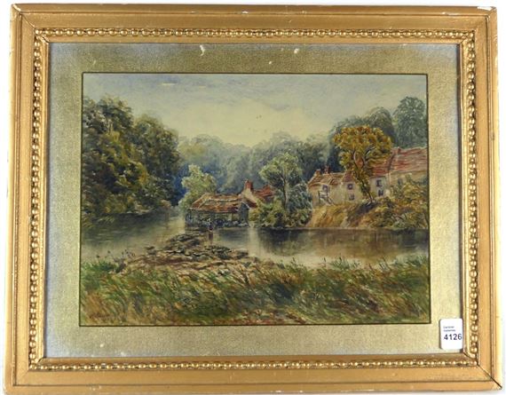 H Baker | Untitled: English River Landscape with Houses and Figure in ...