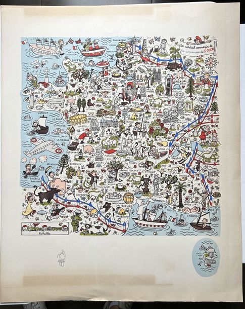 Jean Effel | - [Animated map of France]. Lithograph in colors. Proof on ...