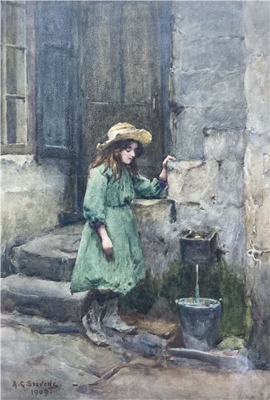 Albert George Stevens | Whitby Girl collecting Water by the Cottage ...