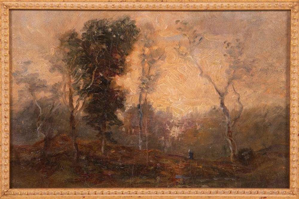 John Semon | Misty Landscape with tall wispy trees and peachy glow to ...