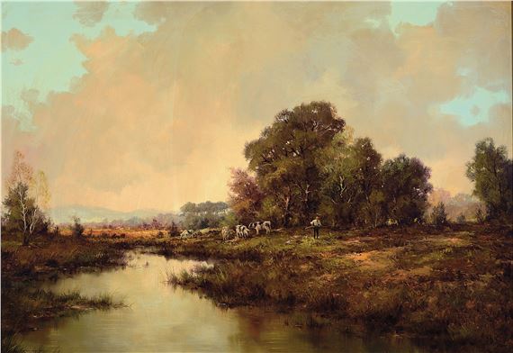 Eduard Nowak | pre-alpine landscape with shepherd and Simmental cattle ...