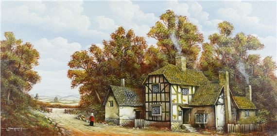John Hooley | John Hooley - Woman in country lane beside houses | MutualArt