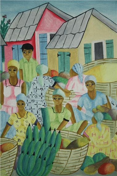 Marcel Valcin | crowded Haitian marketplace scene | MutualArt