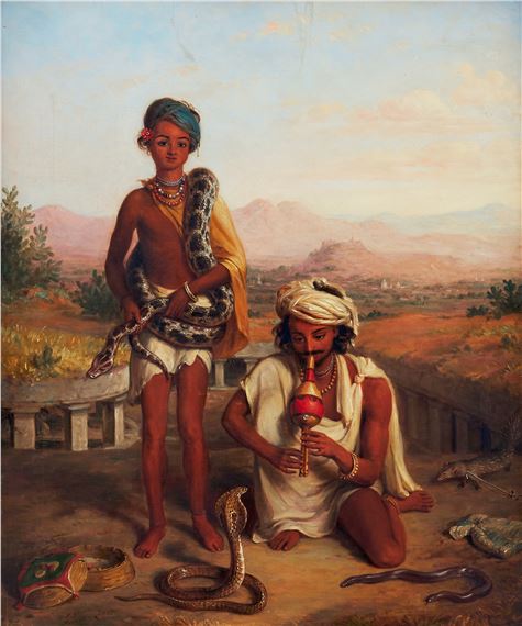 Edward Frederick Green | Indian snake-charmers with a rock temple near ...