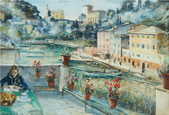 Michele Cascella | A girl reading on a terrace in Portofino | MutualArt