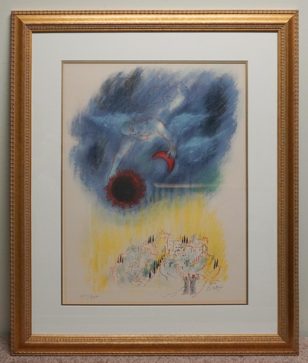 Reuven Rubin | Heavenly Jerusalem Landscape with Angel Judaica | MutualArt