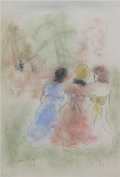 Alice Frey | drawing in crayon and watercolour The 3 girls | MutualArt