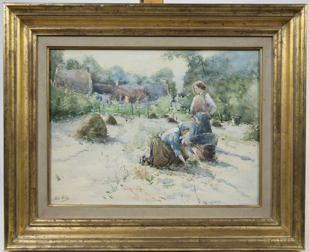 Edouard Elle | Edouard ELLE (1859-1911), watercolour Women in the field ...