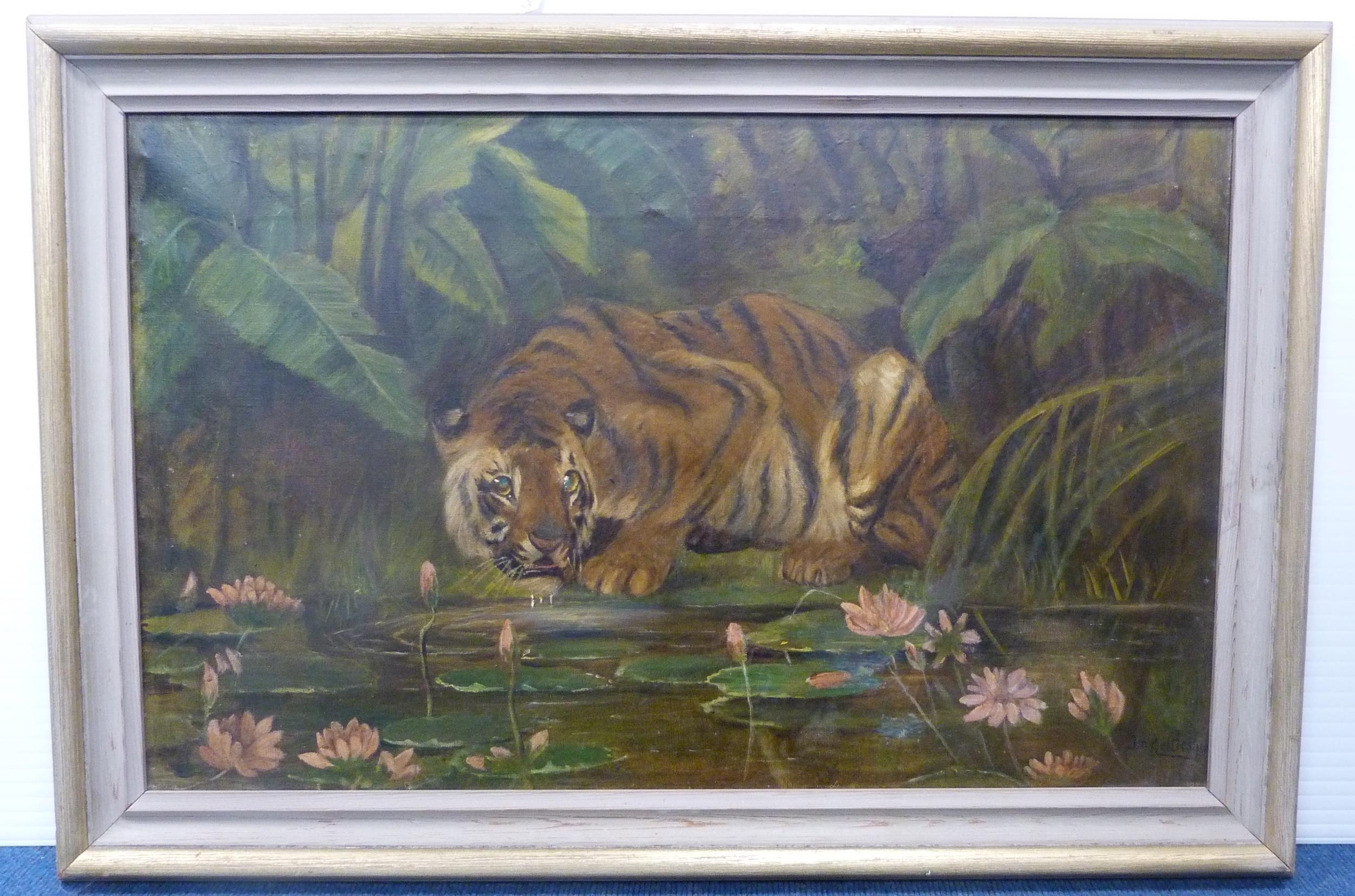 John Trivett Nettleship | Prowling Tiger at the Lily Pads | MutualArt